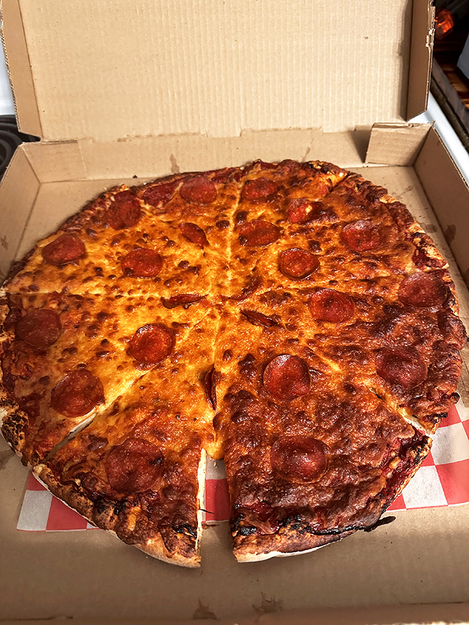 The pepperoni pizza in its natural habitat &ndash; a cardboard box. Some treasures don't need fancy packaging to make your heart sing.