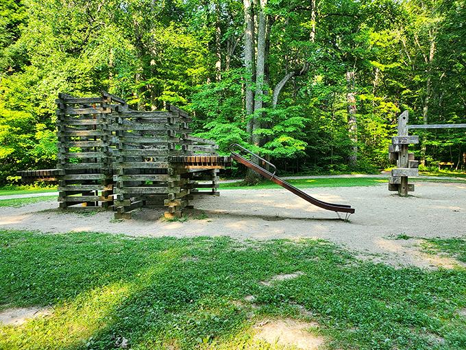 Rustic playground equipment proves simplicity still reigns supreme. No batteries required for this wooden slide&mdash;just gravity and childhood enthusiasm. Photo credit: <a href="https://maps.google.com/maps/contrib/100344951588427238600" target="_blank" rel="noopener noreferrer">David Morgan</a>	Rustic playground equipment proves simplicity still reigns supreme. No batteries required for this wooden slide&mdash;just gravity and childhood enthusiasm.