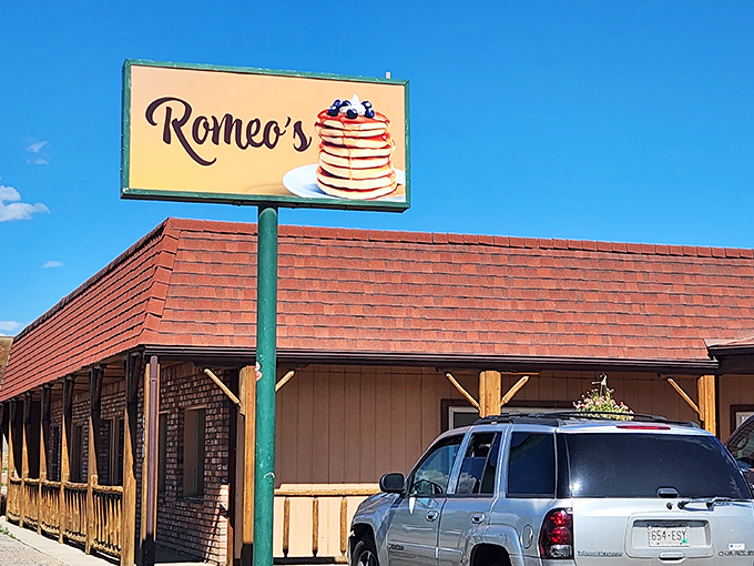 Romeo's sign promises pancakes that would make Juliet swoon&mdash;stacked high and worthy of Shakespearean sonnets.