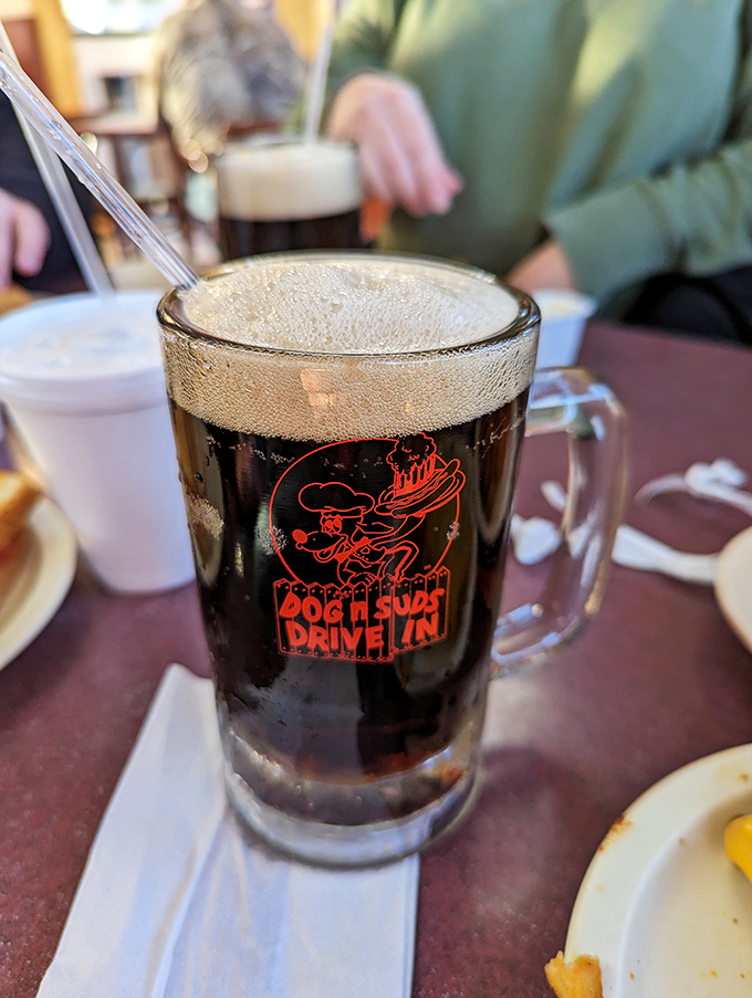 The legendary root beer arrives in a frosted mug so perfect it could make a grown adult weep with nostalgic joy.