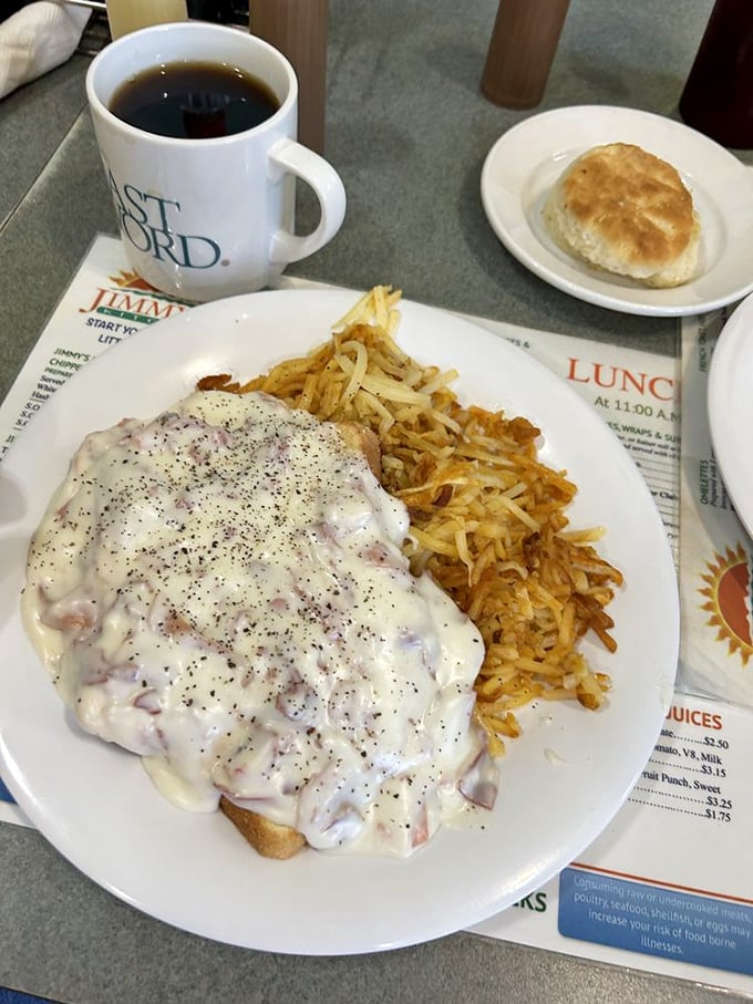 Coffee this good deserves an equally remarkable partner: creamed chipped beef on toast that transforms a humble military staple into coastal comfort food.