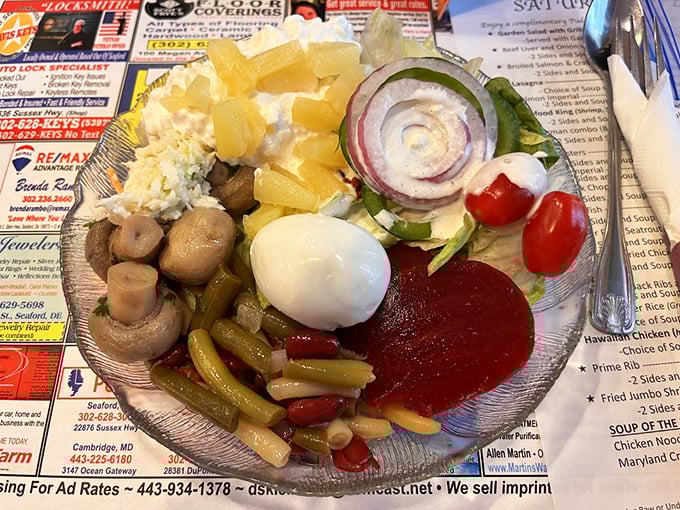 Salad bar treasures arranged with care&mdash;proof that vegetables can be exciting when they're this fresh. That hard-boiled egg is the crown jewel.
