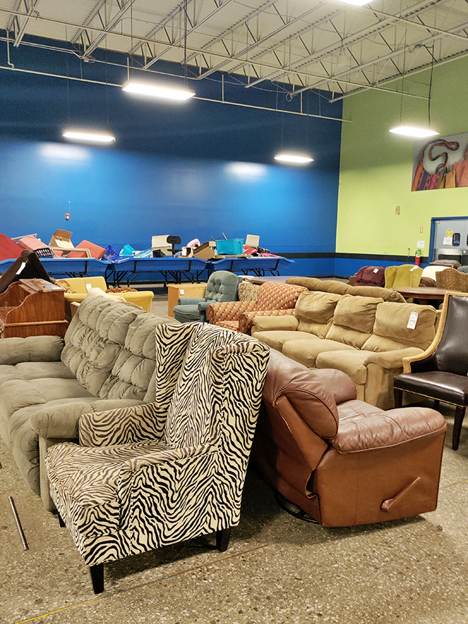 The furniture section: where mid-century meets last-Tuesday in a showroom that tells a thousand stories, none of them matching but all worth hearing.