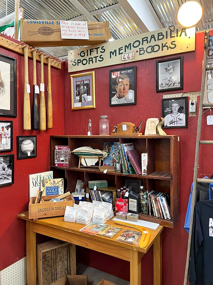 The sports memorabilia corner isn't selling items; it's selling nostalgia. Those Louisville Sluggers have hit imaginary World Series home runs in countless backyards.
