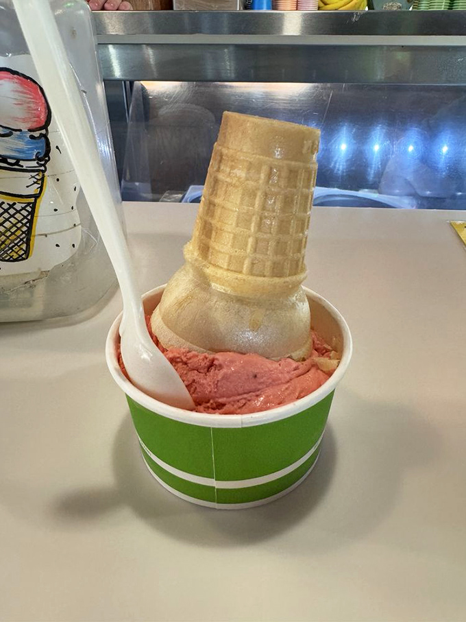 This strawberry scoop in its waffle crown doesn't just say summer&mdash;it practically hums "School's Out" with each pink, berry-studded bite.