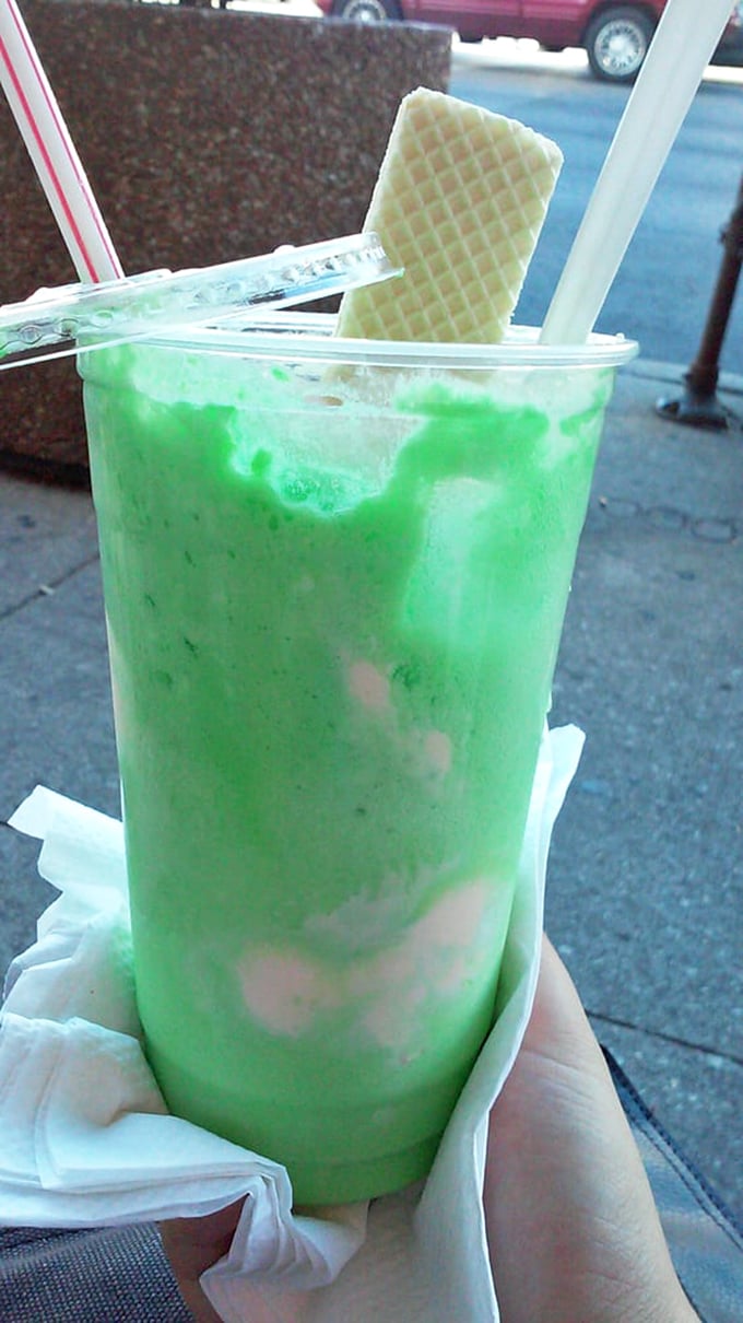The Green River soda float glows with an otherworldly hue that would make aliens think Earth might be worth visiting after all.