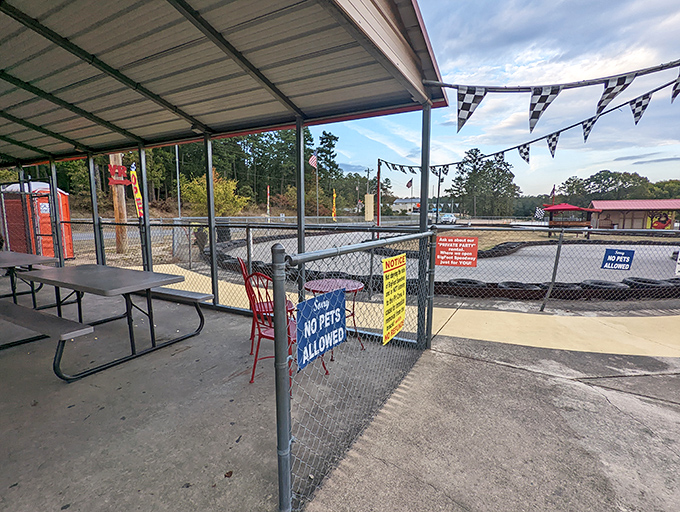 The viewing area offers front-row seats to victory and defeat, where spectators alternate between enthusiastic cheering and backseat driving.