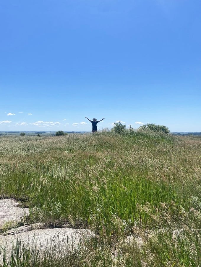 The universal "I'm on top of the world" pose that we all do when confronted with breathtaking prairie vistas. No judgment here.
