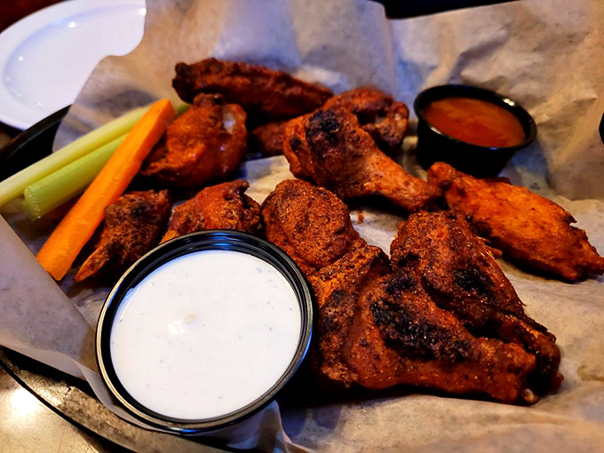 These wings mean business—sporting a deep auburn tan that California celebrities pay good money for. Served with the traditional cooling agents.