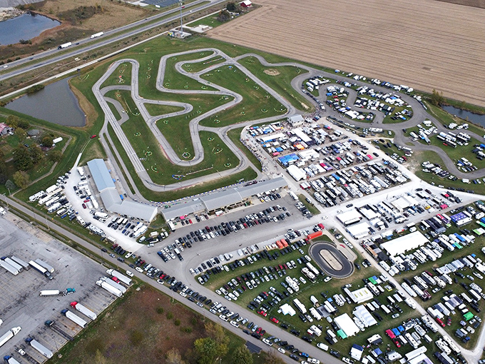 From above, the track resembles an asphalt ribbon candy twisted by a mischievous giant across Henry County's pastoral landscape.
