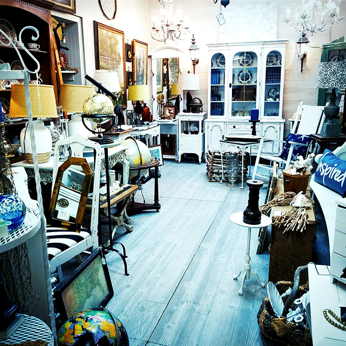 The blues and whites corner. This airy vendor space shows how vintage elements can create a contemporary coastal vibe worthy of a design magazine.