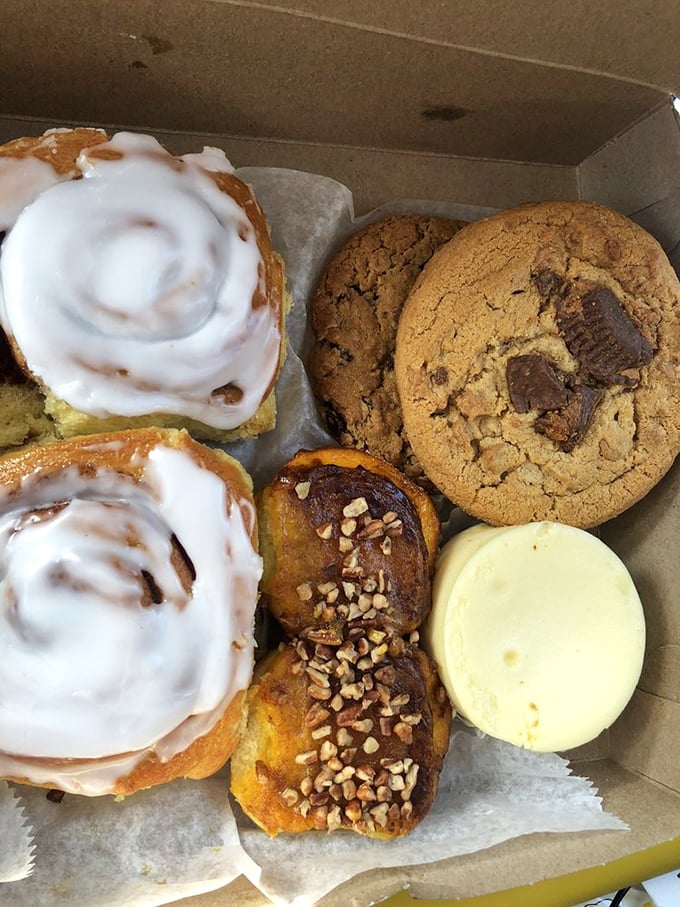 A box of mixed temptations—cinnamon rolls, cookies, and cream puffs arranged like a dessert version of Noah's ark, two by two.