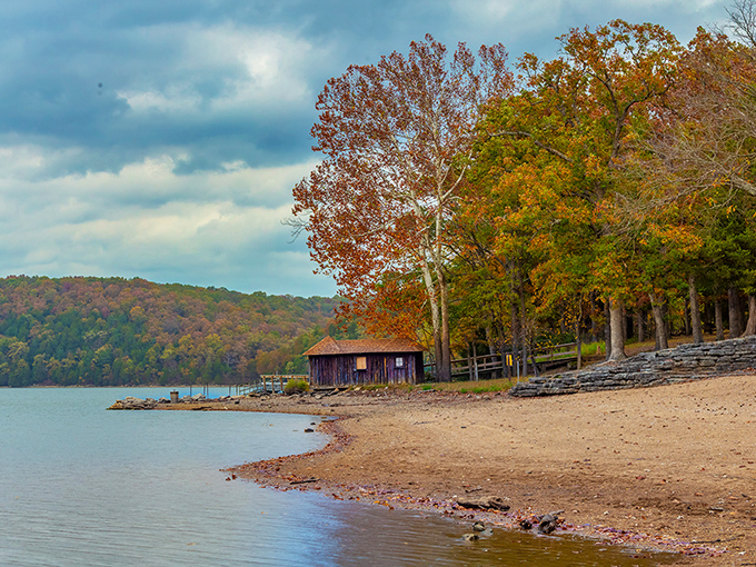 Fall's paintbrush transforms the shoreline into a masterpiece of amber and russet, reflecting the seasonal magic onto the tranquil waters.