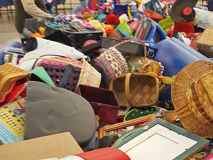 Baskets brimming with potential&mdash;where else might you find vintage cookware nestled next to that board game your family played in 1992?