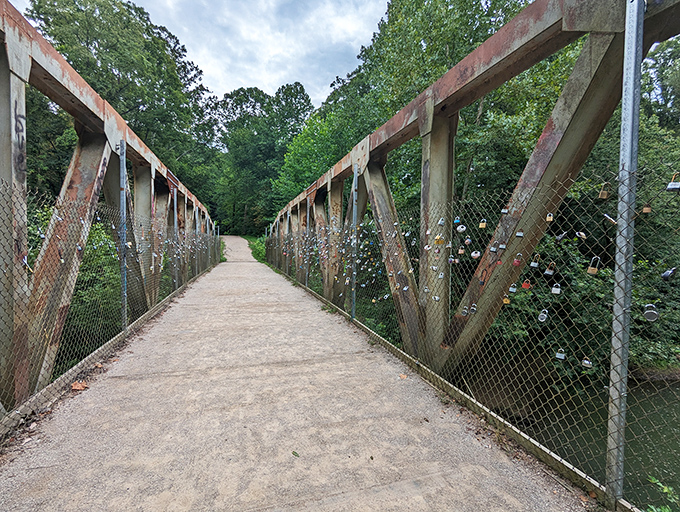 This bridge could tell tales of countless crossings. Its weathered frame has become both functional pathway and impromptu gallery for those who leave their mark.