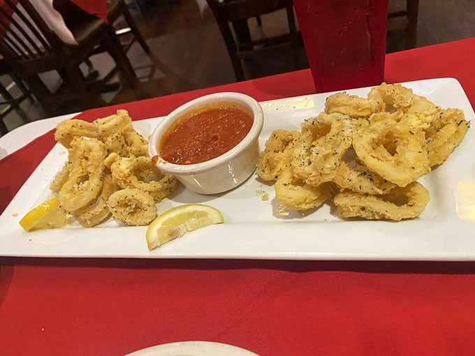 Fried calamari that actually tastes like the sea, not the fryer. The marinara dipping sauce is practically begging for a bread dunking.