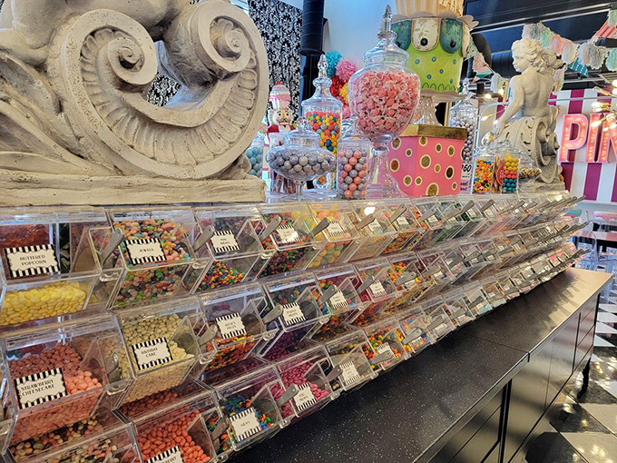 The candy bins form a landscape of nostalgia and possibility, where decisions become deliciously complicated and diets go to die.