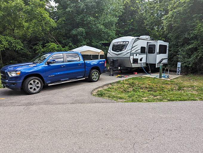Camping's modern romance: where luxury meets wilderness. This setup proves you can bring some comforts of home without missing the point of getting away.