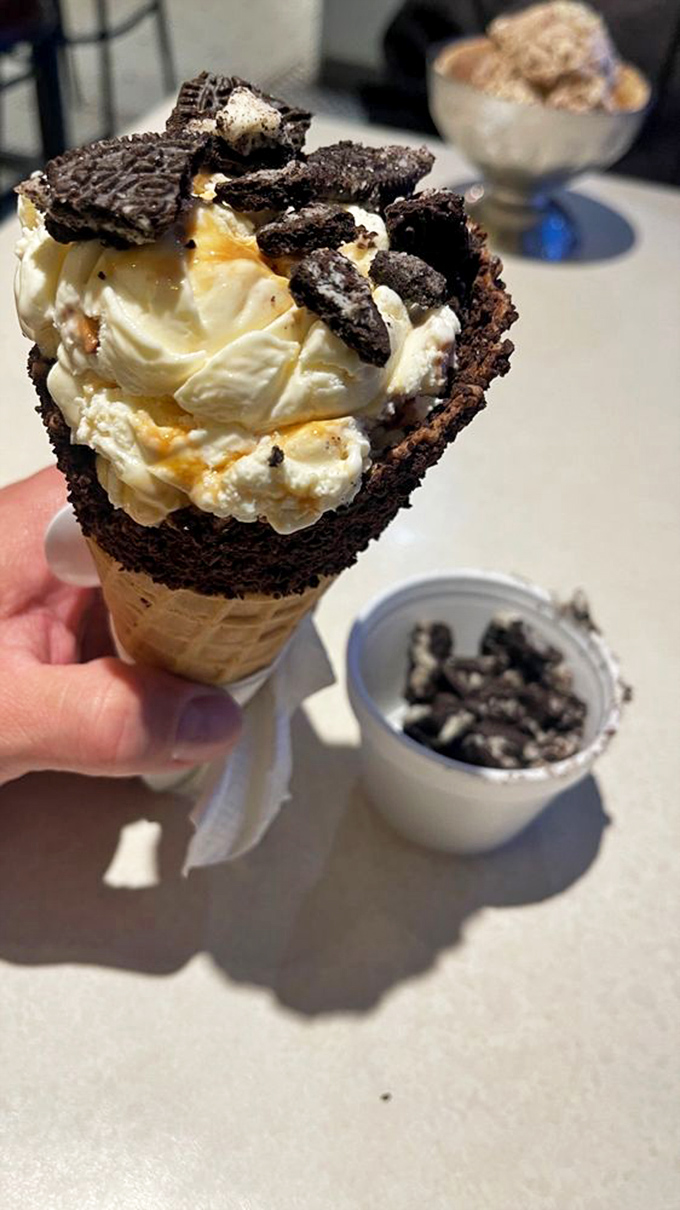This isn't just cookies and cream&mdash;it's a structural marvel of vanilla ice cream, chocolate cone, and Oreo chunks that deserves architectural recognition.