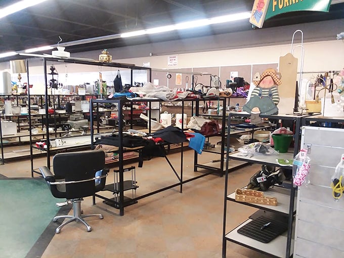 In the furniture section, office chairs and metal shelving units patiently wait for budget-conscious startups and dorm room dwellers.