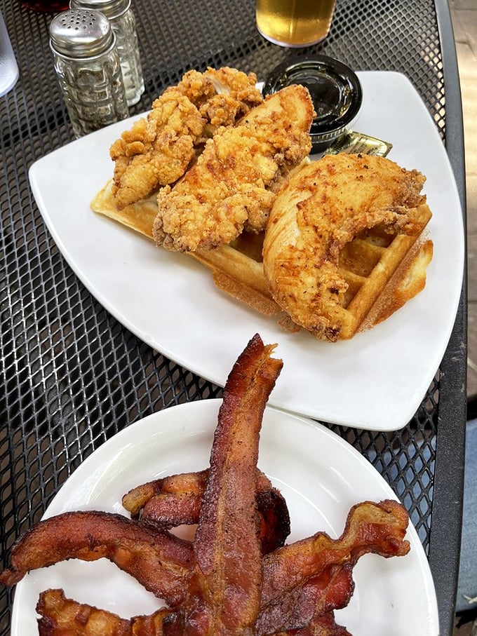 Chicken and waffles: the breakfast equivalent of a mullet—business on the bottom, party on top, and absolutely magnificent all around.