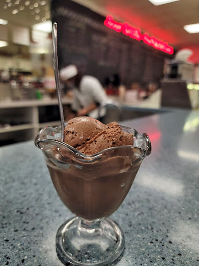 A scoop of chocolate contemplation served in a glass that somehow makes you feel sophisticated while eating like a five-year-old. 