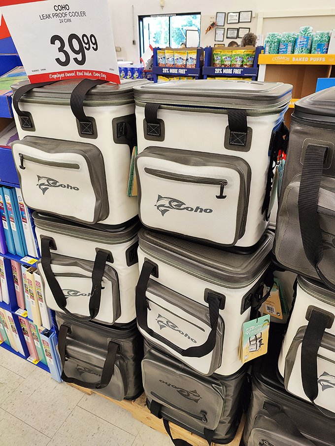 Coho coolers stacked like treasure chests at $39.99 each. Perfect for keeping your craft beers cold during those epic Mount Hood camping trips.