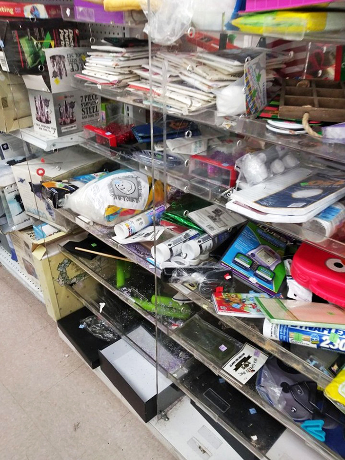 The office supply aisle appears to have been organized by a creative tornado—beautiful chaos that somehow makes perfect sense to die-hard thrifters.