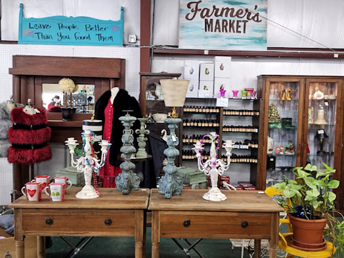 Glassware heaven where your grandmother's favorite pattern is probably hiding. That mint green table practically begs for a Sunday brunch revival.
