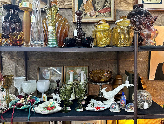 Glassware that survived decades of dinner parties and holiday toasts. Amber Depression glass catches light like it's holding sunshine from the 1930s.