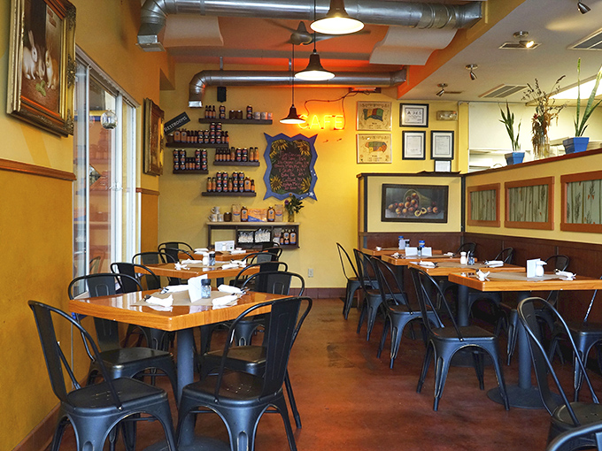 Sunny by name, sunny by nature—golden walls and wooden tables create the perfect backdrop for breakfast-time philosophizing.