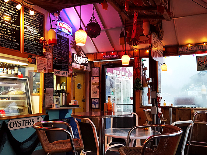 The chalkboard menu and hanging lights create a casual vibe that says, "Relax, you're about to eat really well." No pretension here—just the promise of exceptional seafood.