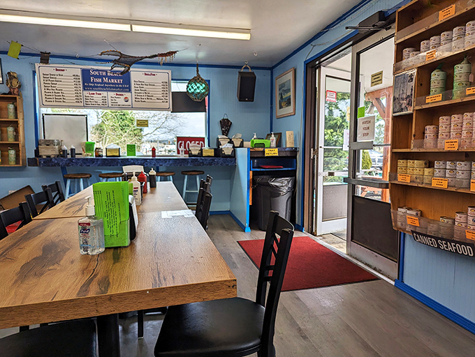 The simple interior tells you everything: focus on the food, not the frills. Those display cases hold today's catch, tomorrow's memories. 