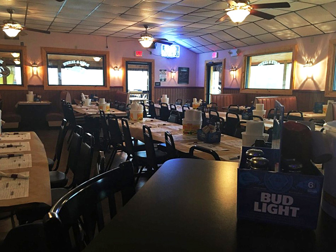 The dining room's wood-paneled ceiling and nautical touches create the perfect backdrop for seafood feasting—like dining in a ship's galley, minus the seasickness.