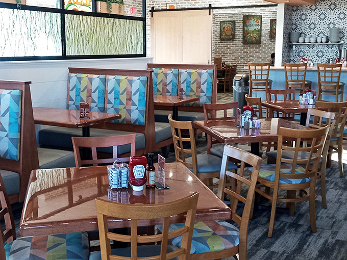 Booth seating that invites you to settle in for a leisurely meal, where "just five more minutes" applies to conversation, not sleep.