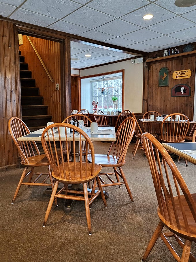 The warm, wood-wrapped dining room feels like it was designed specifically for long conversations and second cups of coffee.