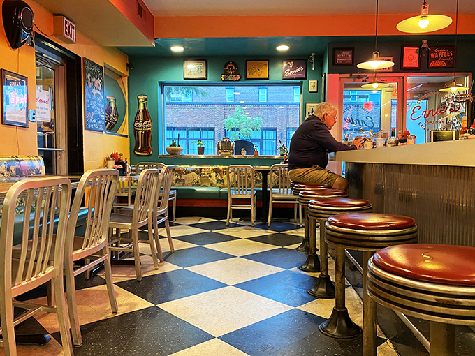 The counter seating at Ernie's offers front-row tickets to the greatest show in town: American breakfast theater, performed daily.