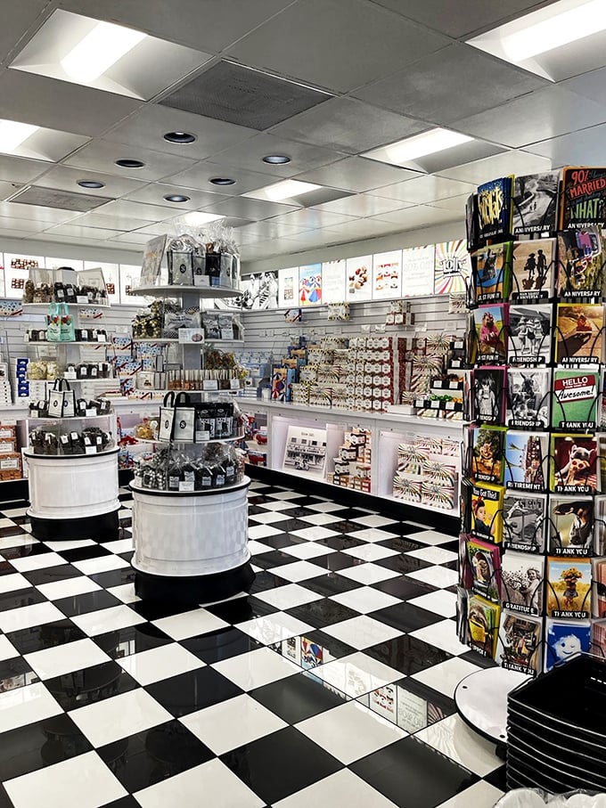 The greeting card rack adds color, but we all know it's just a distraction technique while you decide between Bordeaux and Butterscotch.