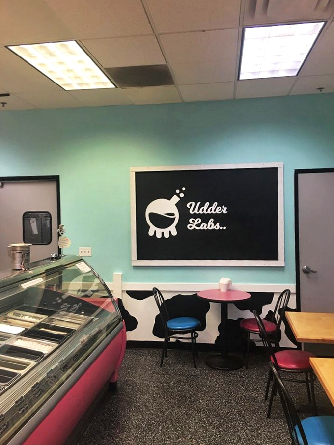 "Udder Labs" isn't just cute branding—it's where ice cream science happens, turning dairy into dreams behind that gleaming counter.