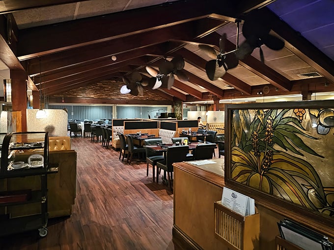 Wood beams, warm lighting, and stained glass create the kind of atmosphere where memories are made and diets are forgotten.