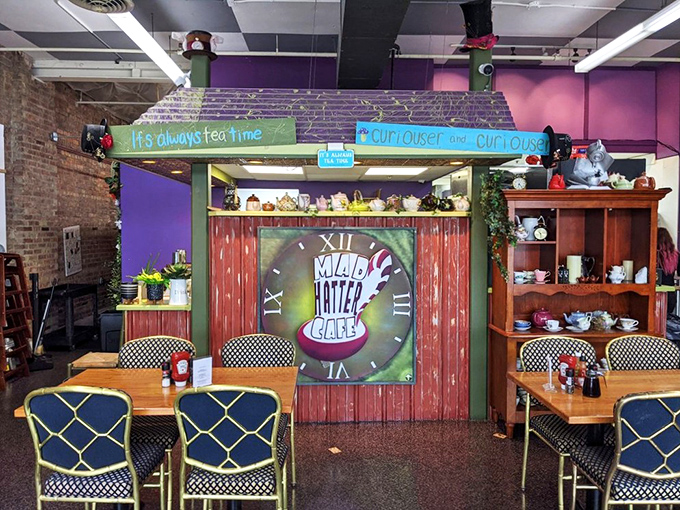 It's always tea time proclaims the sign above a clock-faced centerpiece, while teapots and curiosities line shelves in this corner of controlled chaos.