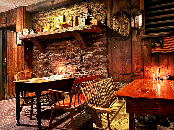 The tavern's dining room feels like eating in Paul Revere's basement—if Paul Revere had excellent taste in atmospheric lighting and comfortable seating.