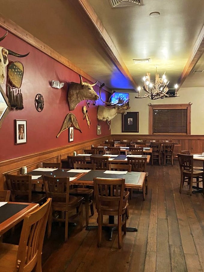 The dining room whispers tales of countless celebrations and first dates. Those antler chandeliers have witnessed more "mmms" than a chocolate commercial.