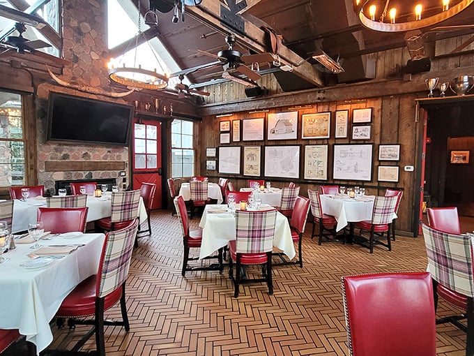 Dining under wooden beams and wagon wheel chandeliers feels like stepping into a sophisticated version of America's rural past.