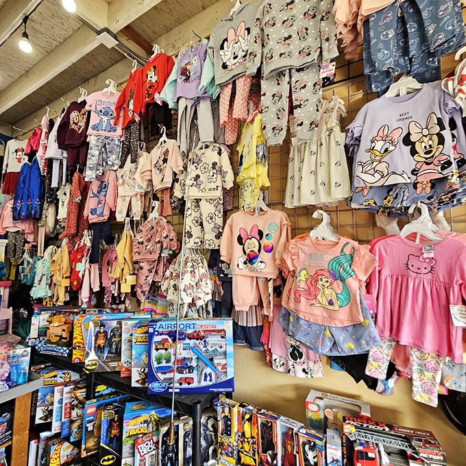Disney dreams at swap meet prices &ndash; childhood magic hanging in neat rows, waiting for the next generation of imagination.