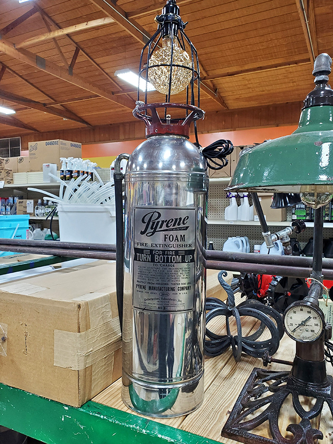 Vintage meets function with this repurposed Pyrene fire extinguisher lamp&mdash;proof that one person's outdated equipment is another's conversation piece.