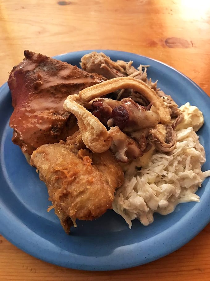 A blue plate special that tells the whole story&mdash;ribs, hushpuppies, and all the fixings coexisting in perfect Southern harmony.