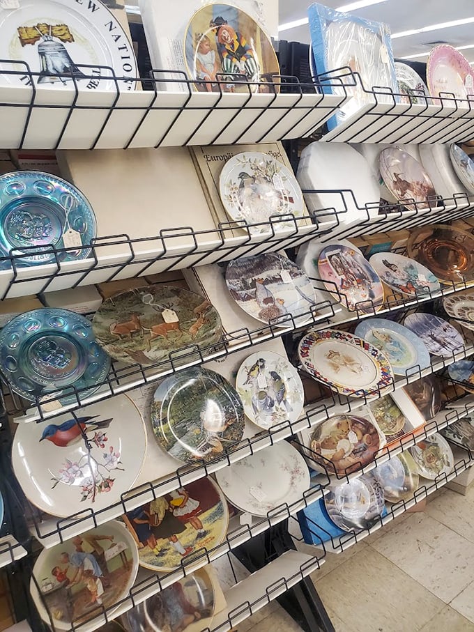 Vintage decorative plates create a gallery of nostalgia, where grandma's taste meets collector's passion on wall-mounted wire racks.