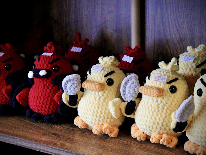 These whimsical crocheted creatures bring unexpected charm to the shop, proving that Beardo's collection spans from the macabre to the adorably offbeat.