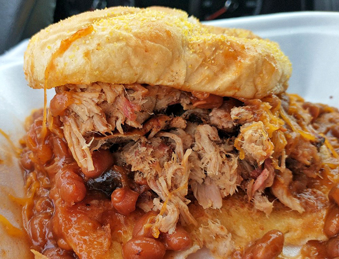A sandwich that requires both hands and possibly a bib&mdash;pulled pork piled high with beans that aren't playing second fiddle.